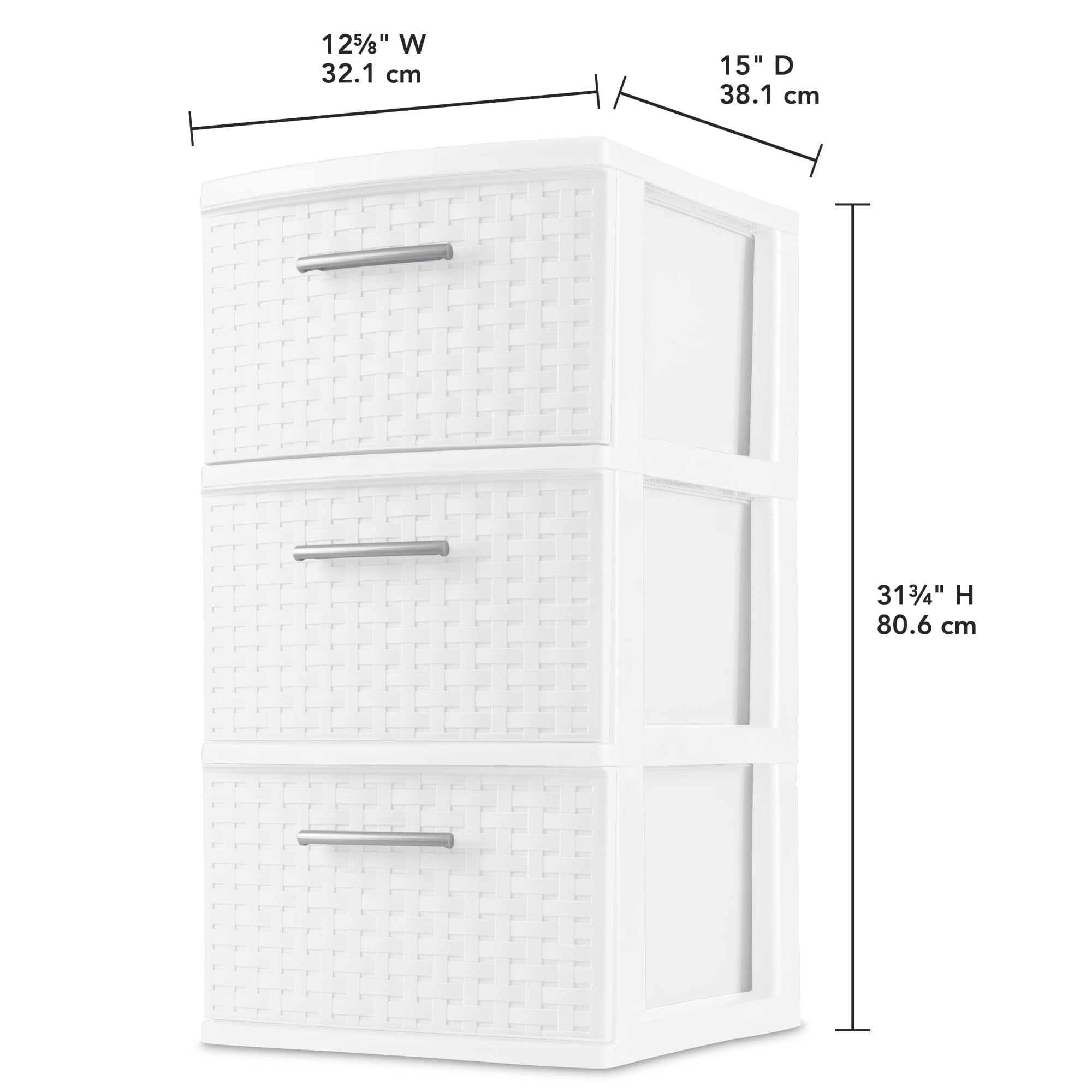 HErtL 3-Drawer Wide Weave Design Storage Tower, White Frame & Drawers w/Driftwood Handles,Case of 1 (White)