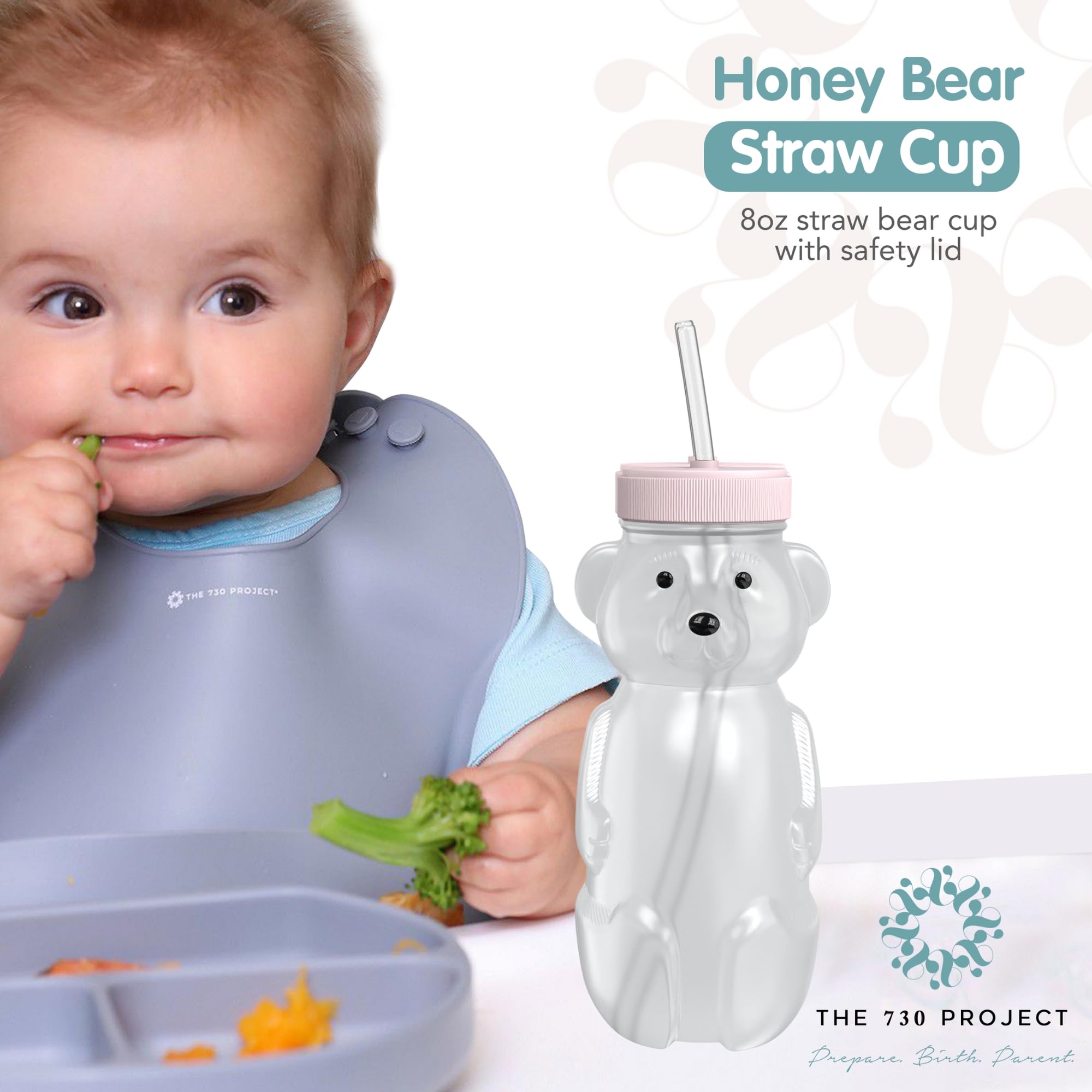 The 730 Project Honey Bear Straw Cup for Babies, 8-oz Honey Bear Cup with Lid, 3-Pack Therapy Learning Honeybear Straw Cup, Baby Honey Bear Bottle Set, Cherry Blossom PINK