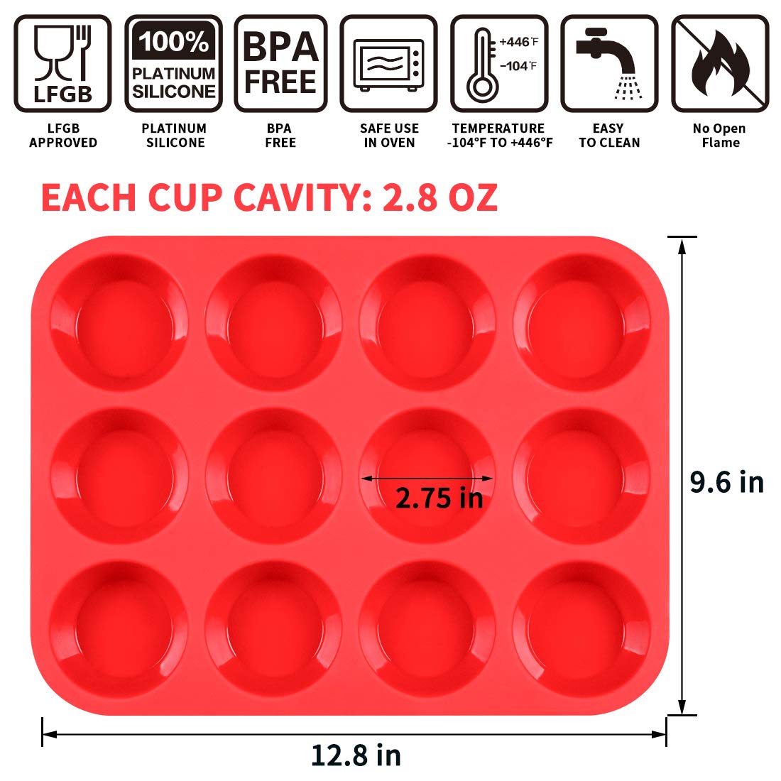 FUNBAKY Silicone Muffin Pan, European LFGB 12 Cups Cupcake Pan, 2-Pack Muffin Tin for Muffin, Cupcake, Fat Bomb, Egg Muffin, 100% Food Grade Silicone Molds