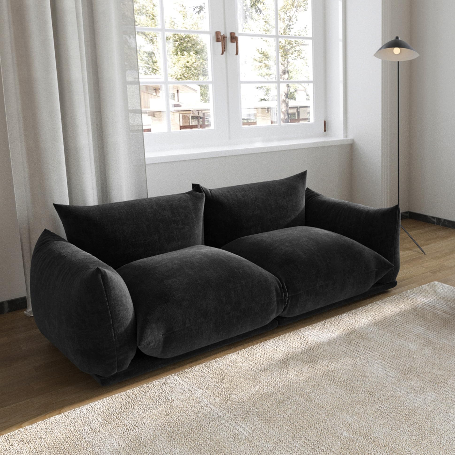 JACH Mid-Century Modern Sectional Couch, Chenille Couch Deep 2-Seats Couches with Thick Cushion, 77" Plush Sofas Furniture for Small Spaces Living Room Bedroom Office Apartment, Black