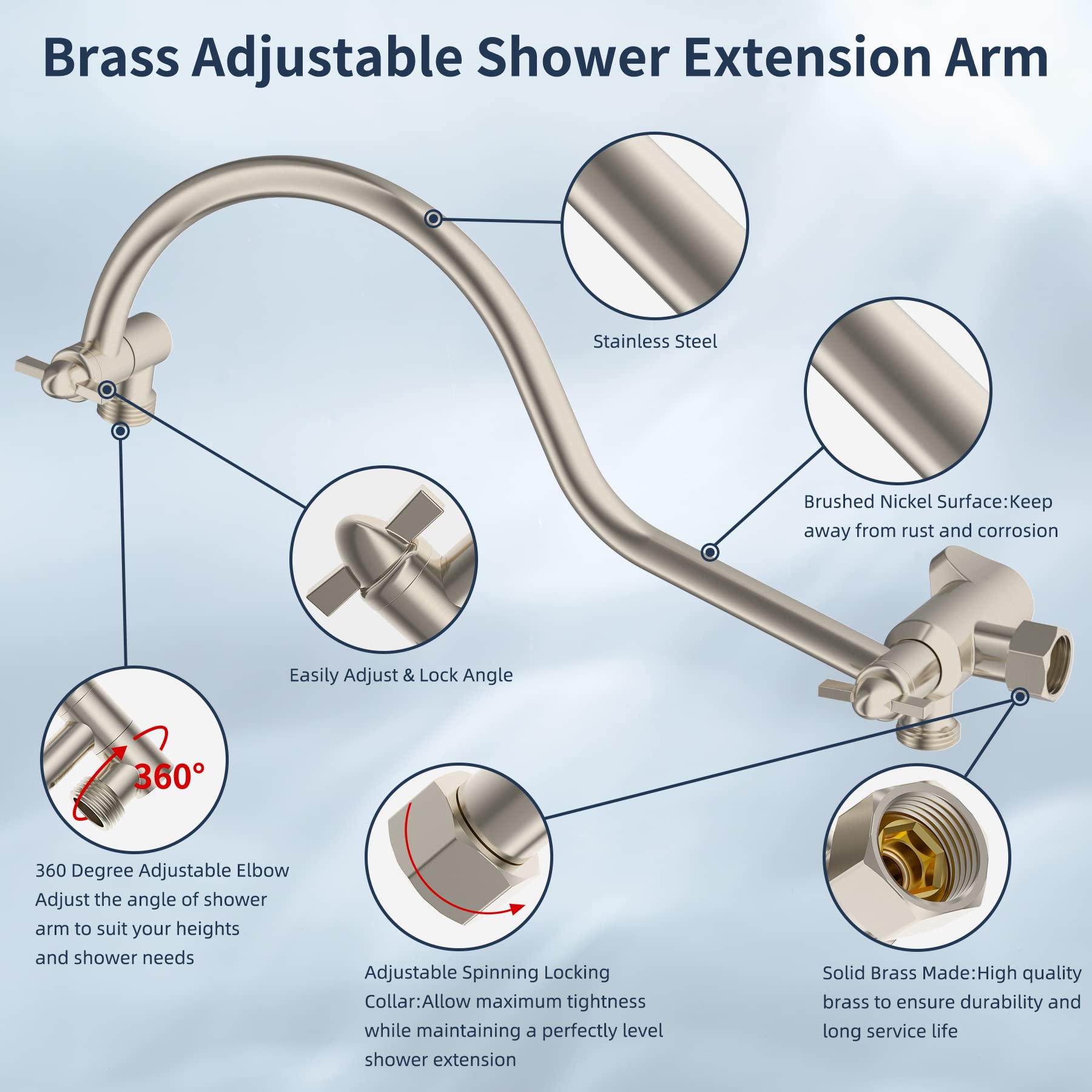 Hibbent 10" Thickness Metal Rainfall Shower Head/Handheld Showerhead Combo with 12'' Adjustable Curved Shower Extension Arm, 7-Spray, 71'' Hose, Adhesive Showerhead Holder, Brushed Nickel