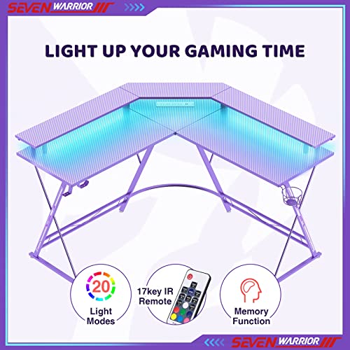 SEVEN WARRIOR Gaming Desk 50.4” with LED Light & Power Outlets, L-Shaped Gaming Desk Carbon Fiber Surface with Monitor Stand, Ergonomic Gamer Table with Cup Holder, Headphone Hook, Purple