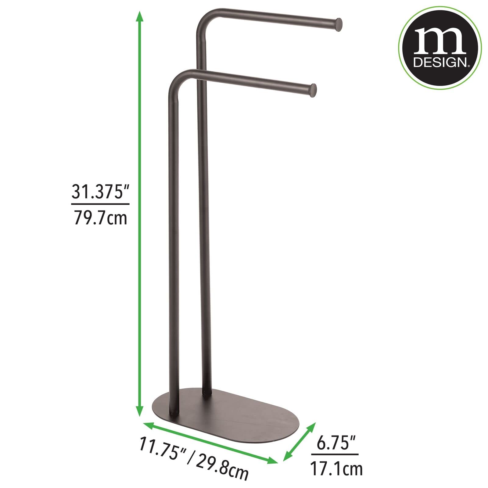 mDesign Tall Stainless Freestanding Towel Rack Holder - 2 Tier Minimalist Pedestal Hanger Holders for Kitchen and Bathroom - Racks for Bath, Hand, Dish, and Tea Towels or Washcloths - Bronze