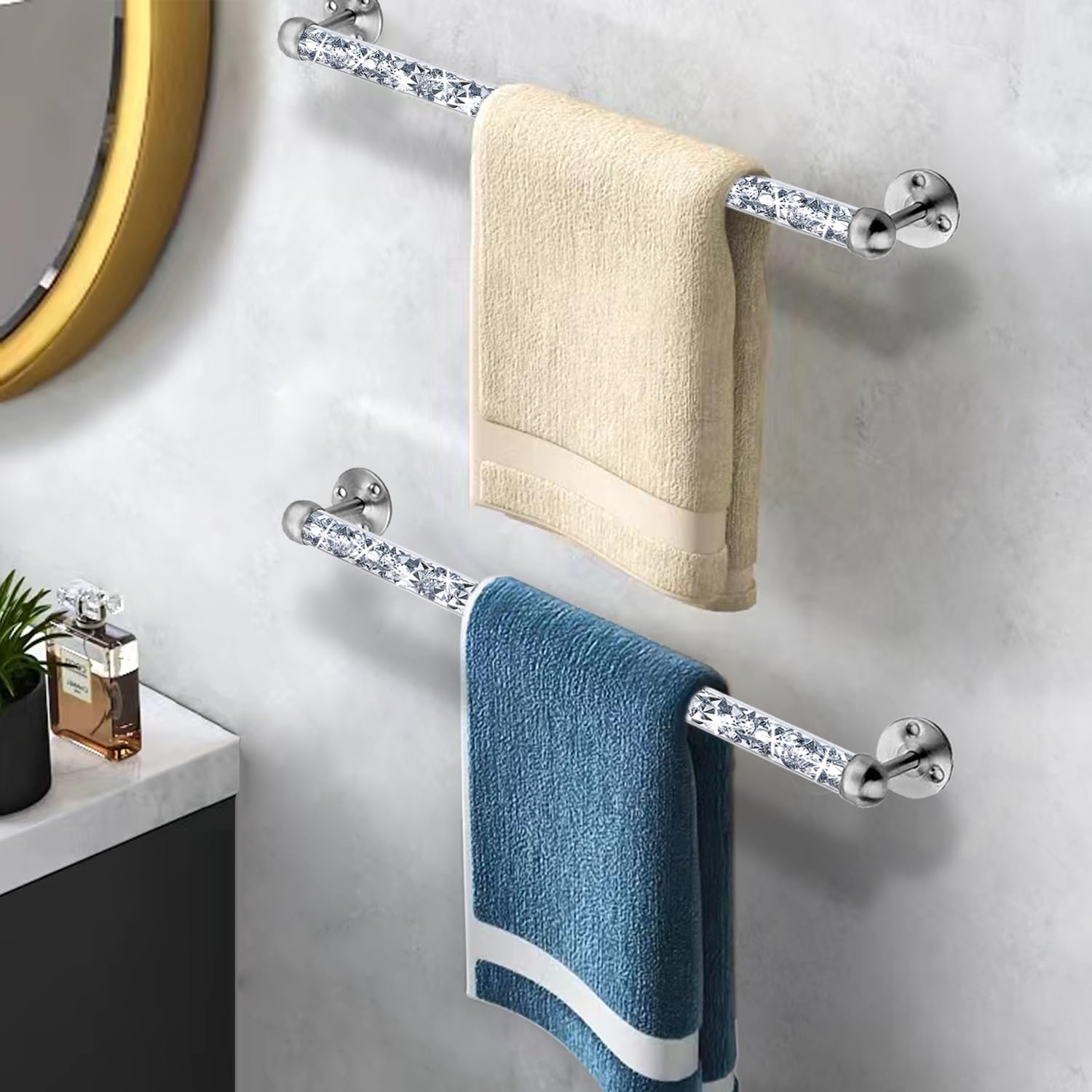 Meetart Towel Racks for Bathroom,Crystal Crushed Diamond Wall Towel Bar,2 Bar Mounted Bathroom Towel Organization for Rolled Towels,Rolled Blanket.(20”)