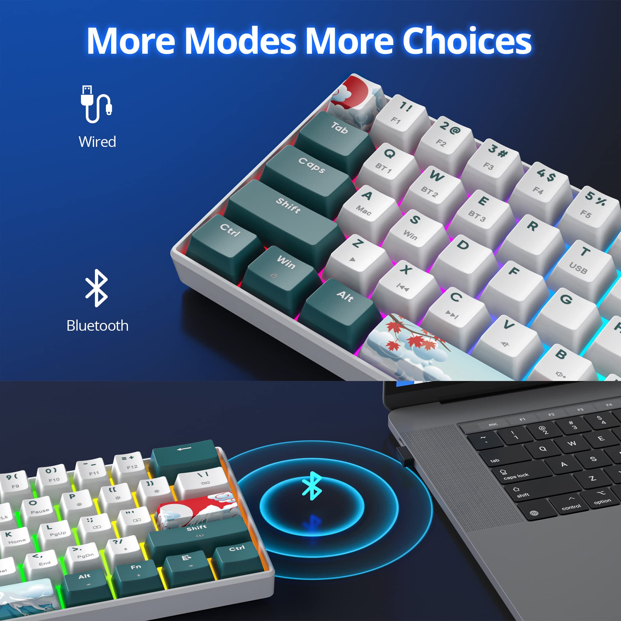 Fogruaden 60% Wireless Mechanical Keyboard,USB-C Wired/Bluetooth Keyboard with RGB Backlit for Win/Mac, 61 Keys NKRO Gaming Keyboard,Compact Mini 60 Percent Keyboard(Outemu Blue Switch,Miami)