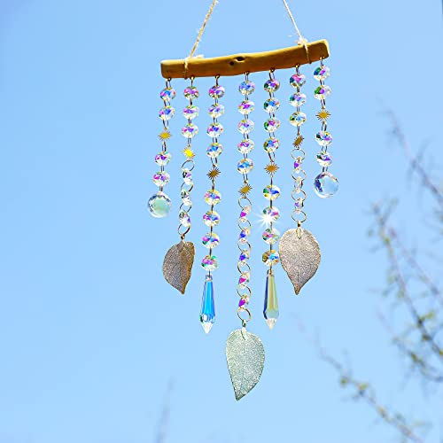 Hanging Window Suncatcher Rainbow Maker Glass Crystal Mobile Wind Chimes with AB Prisms & Natural Leaf Drops Home Wall Art Decoration Gift