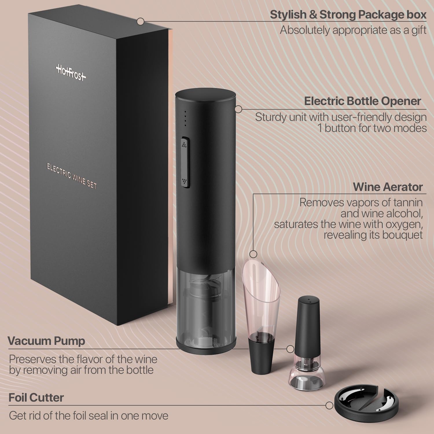 HotFrost Electric Wine Opener – Wine Bottle Opener Kit with Foil Cutter, Wine Aerator, Vacuum Stopper – Rechargeable Corkscrew Wine Opener – Cordless Automatic Wine Opener – Birthday Wine Gift Set