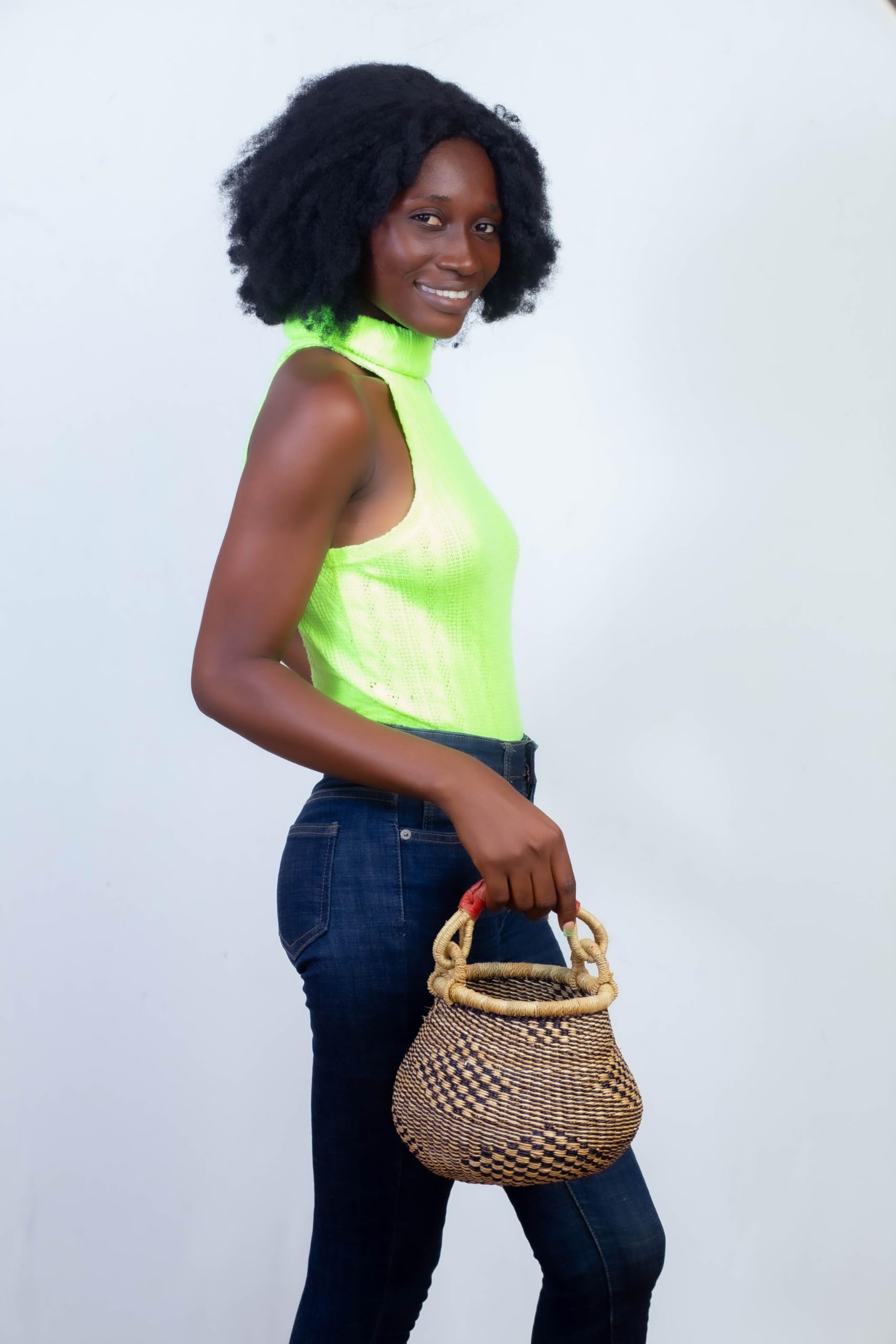 Market Basket Handwoven in Ghana Pot Shopping Bolga Leather Handle Storage African Basket (Large)