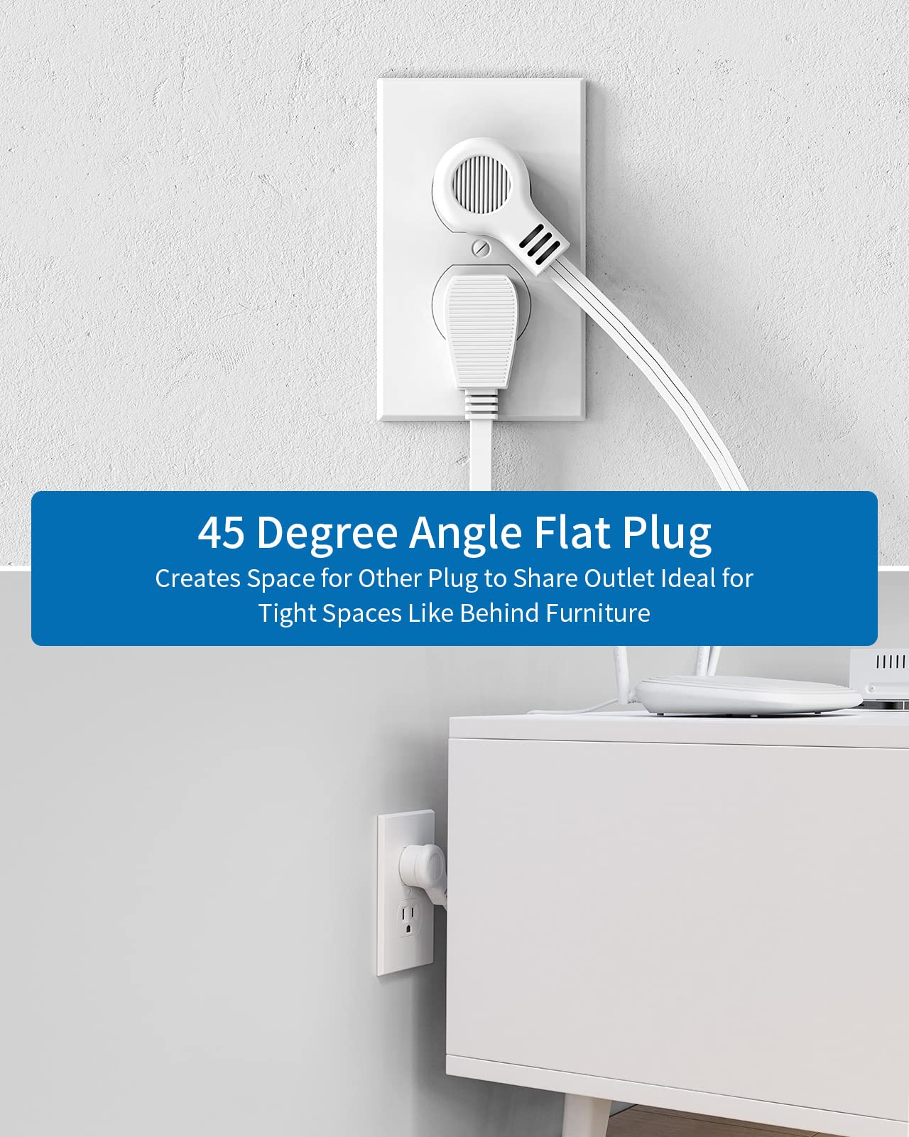 Flat Extension Cord 15 ft, NTONPOWER Ultra Thin Flat Extension Cord Under Carpet, Rug, Door, Wall Mount Power Strip Flat Plug with 4 Outlets 2 USB, Overload Protection for Home Office Indoor, White