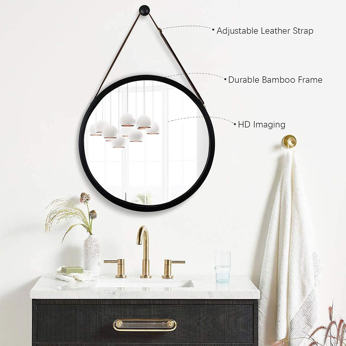 Domax Round Wall Mirror- Black Circle 18 Inch Mirror Bamboo Frame with Adjustable Hanging Leather Strap for Bedroom Bathroom Living Room Entryway Vanity