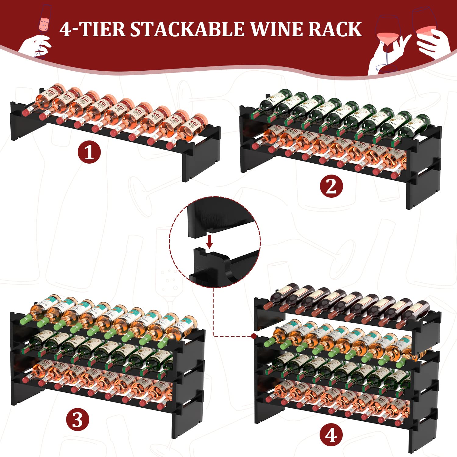 Domax Wine Rack Freestanding Floor - 4 Tiers Stackable Wine Rack 36 Bottle Wine Bottle Holder, Bamboo Wine Holder Wine Storage for Kitchen, Bar, Pantry, Wine Cellar and Countertop (Black)