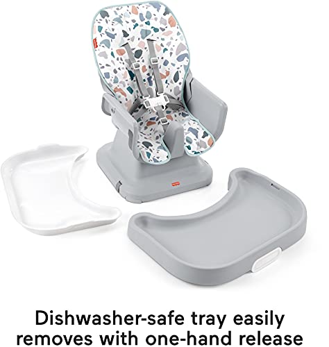 Fisher-Price Baby to Toddler High Chair SpaceSaver Simple Clean Portable Dining Seat & Booster with Washable Deep Tray & Liner, Pacific Pebble