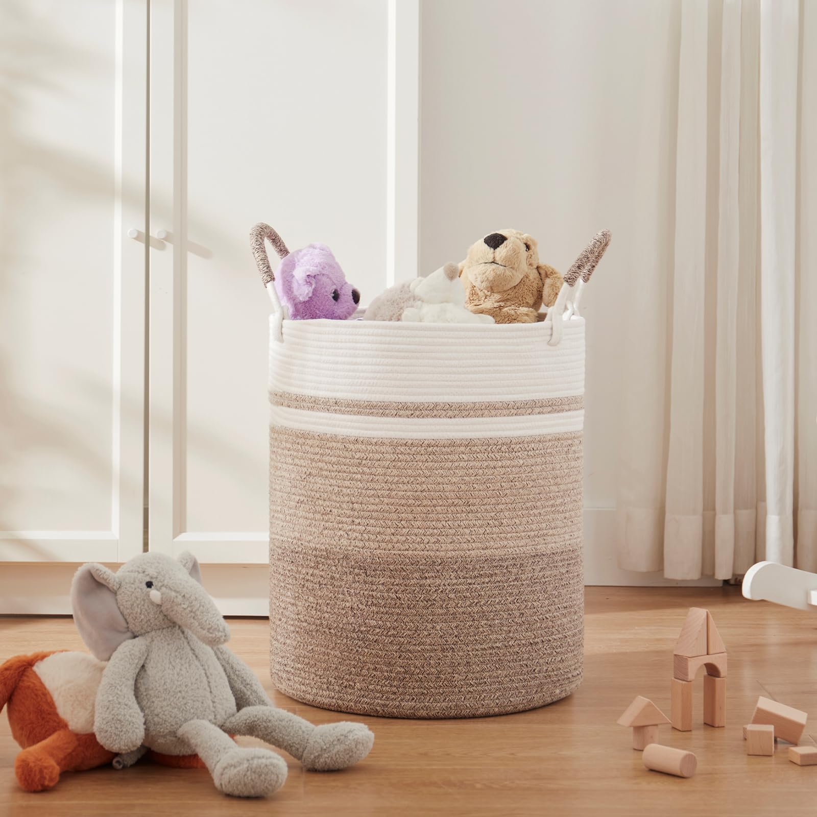 Laundry Basket, Woven Rope Laundry Hamper with Handles, Large Decorative Storage Basket for Clothes and Blankets in Living room (Jute & White, 72L)