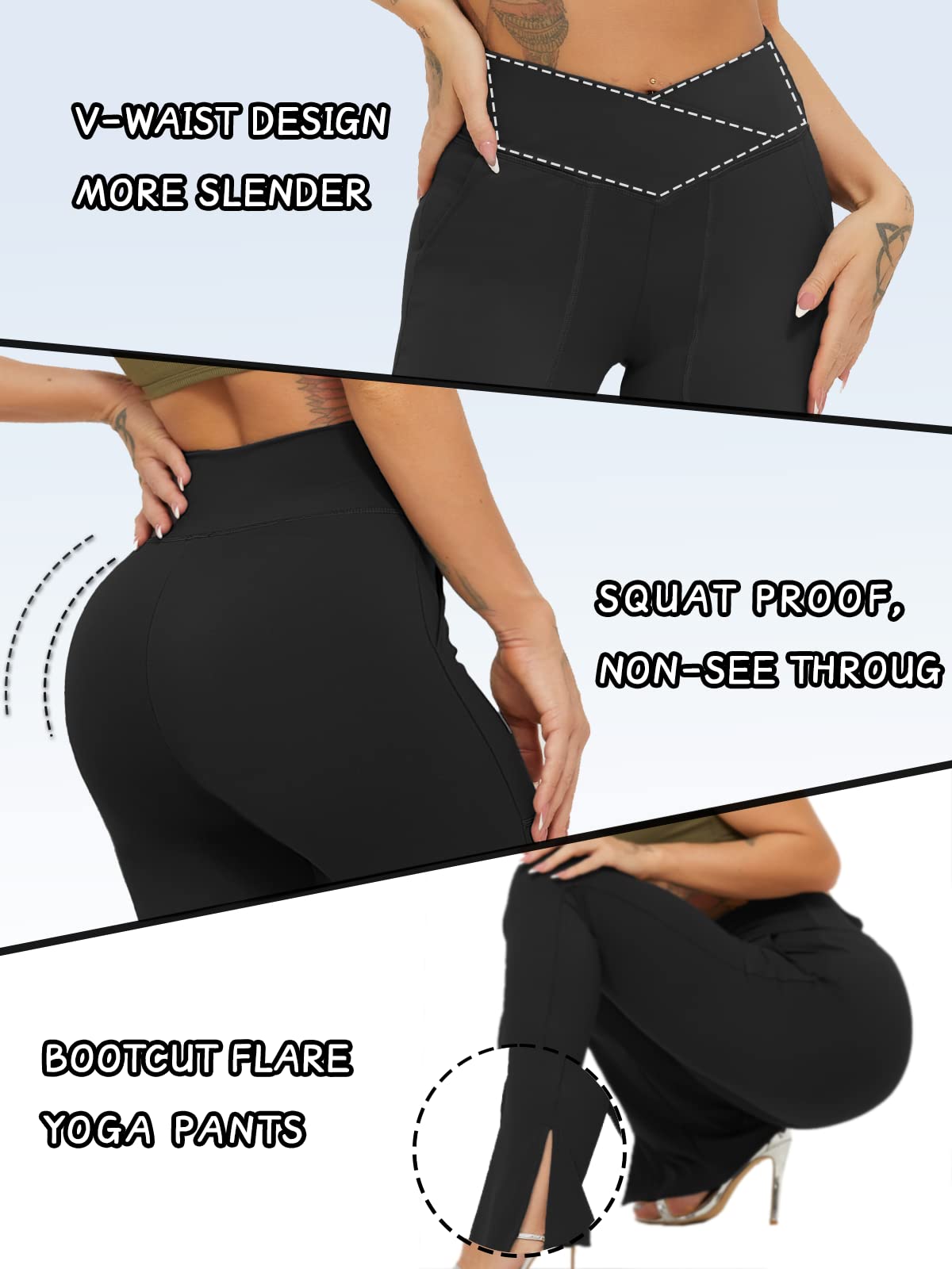 Feazac Womens V Crossover Flare Leggings with Pockets Bootcut High Waisted Yoga Pants Tummy Control Gym Workout Pants Casual Bootleg Lounge Pants Medium, Crossover - Black