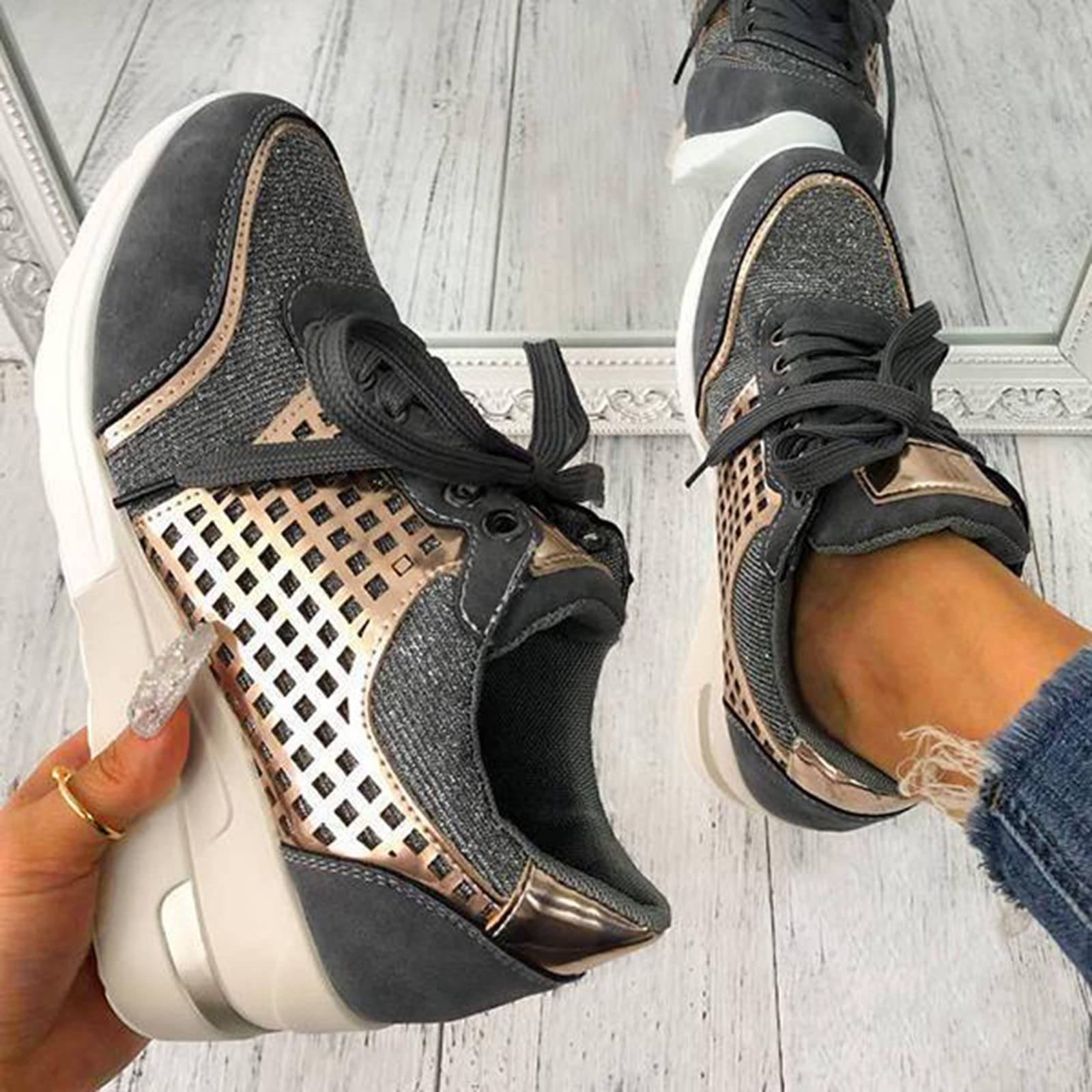 FASDNENDYS Ladies Fashion Leopard Print Leather Surface Breathable Casual Lace Up Wedge Close Toe Swim Shoes Grey