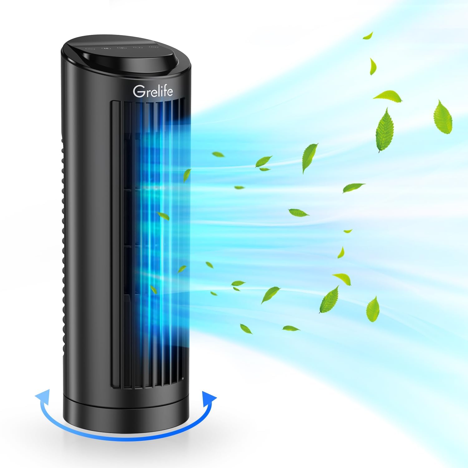 Grelife 13" Bladeless Tower Fan with 70° Oscillation, Touch Screen and Remote Control, 3 Speeds, 4 Wind Modes, 12-Hour Timer - Compact Cooling for Home Office Bedroom