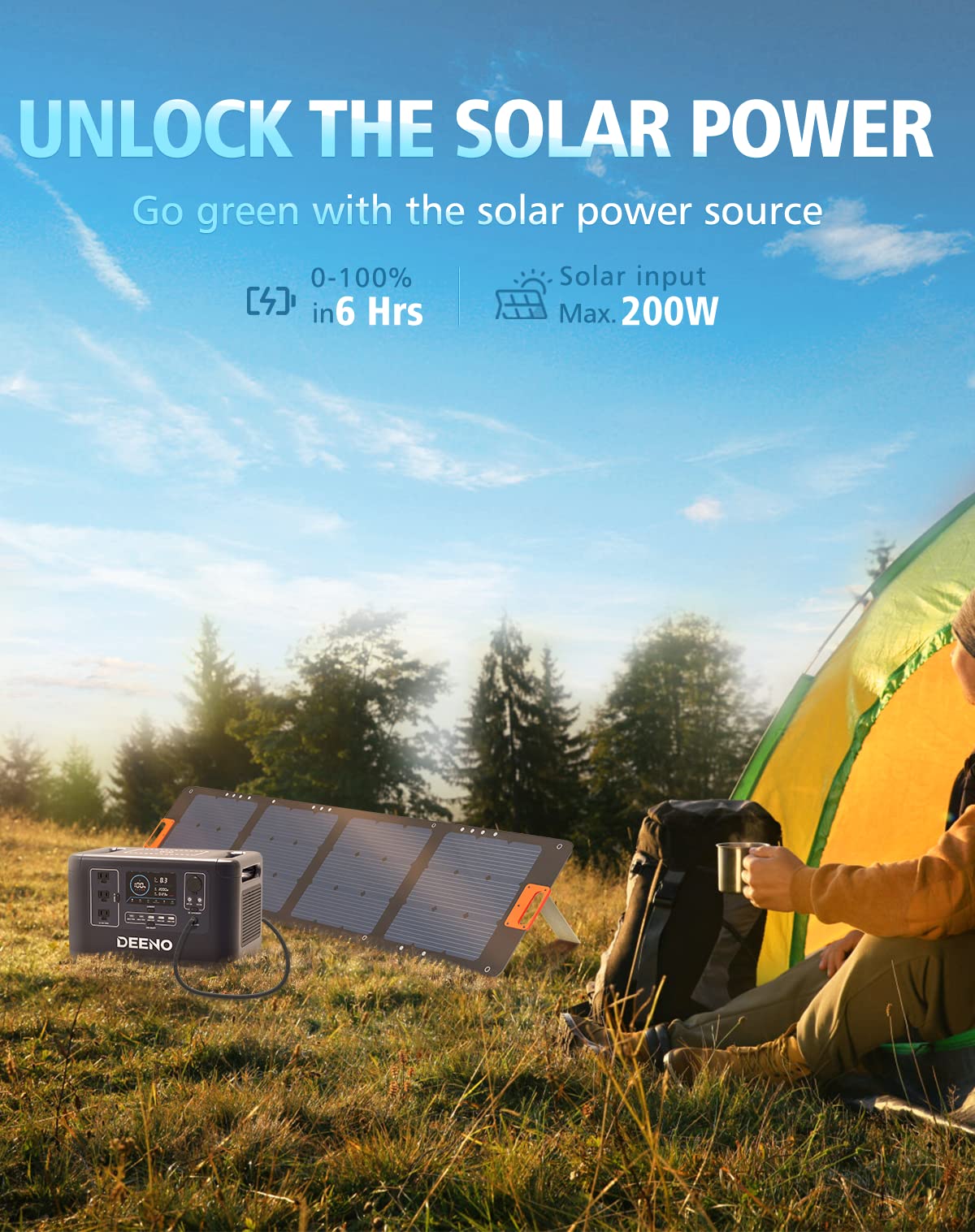 DEENO Portable Power Station X1500, 1036Wh LiFePO4 (LFP) Battery, 1500W(Peak 3000W) Solar Generator (Solar Panel Optional) for Outdoor Camping RVs Home Use Emergency Travel
