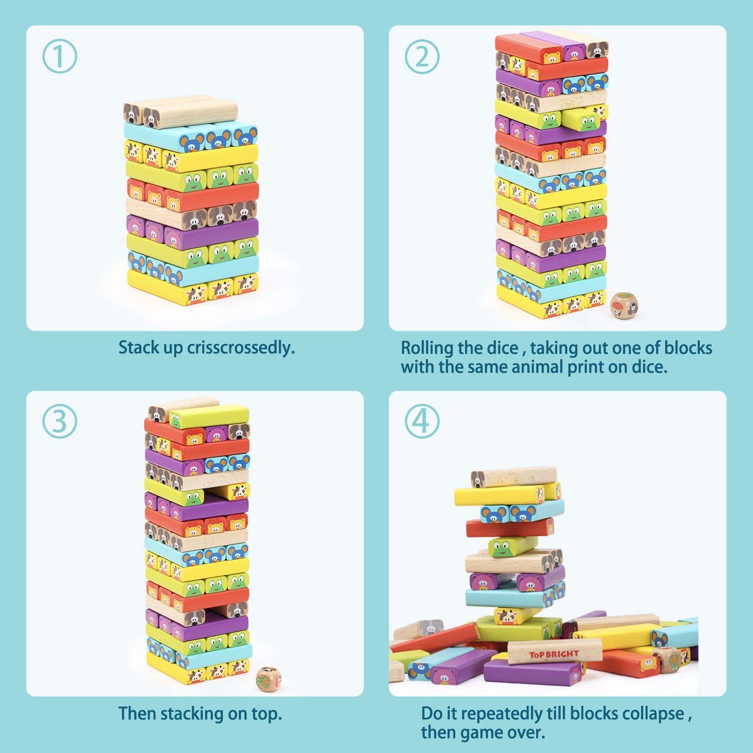 TOP BRIGHT Colored Wooden Blocks Stacking Board Games for Kids Ages 4-8 with 51 Pieces