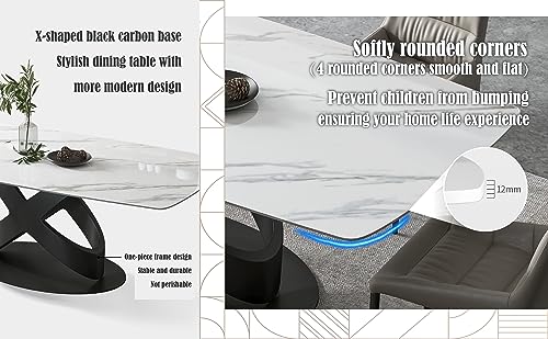 Modern Dining Table, Sintered Stone Tabletop Dining Room Table for Up to 8, Simple Retro Art, Rounded Corner Design, Solid Black Carbon Steel Base, 71"