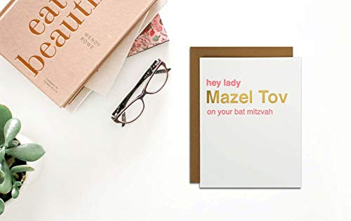 Funny Bat Mitzvah Cards with Envelopes for Girls, Hey Lady Mazel Tov, Letterpress and Gold Foil