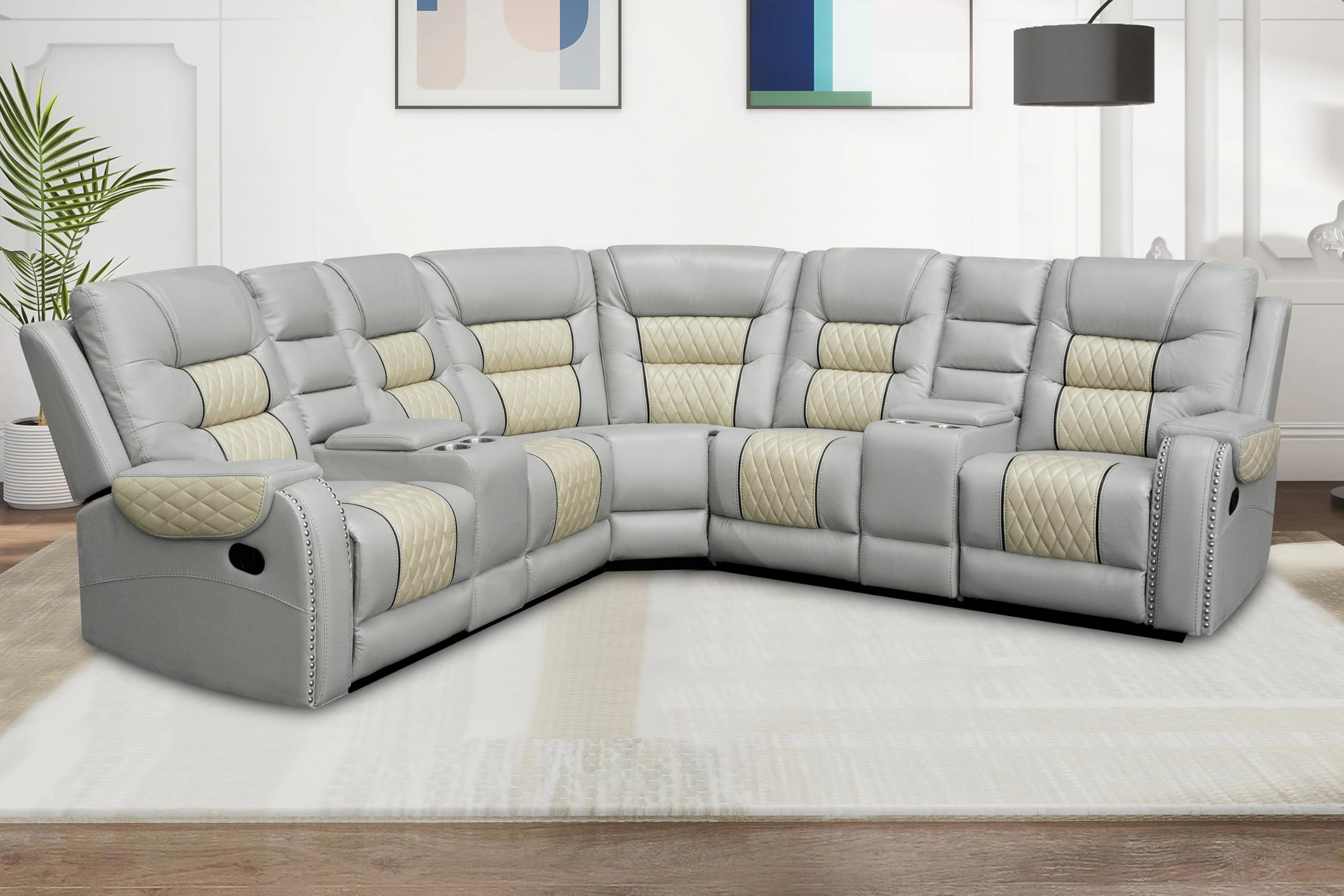 Hybition Manual Recliner Sectional Sofa Set with Cup Holders & Storage Box PU Leather L-Shaped Couch for Living Room Brown