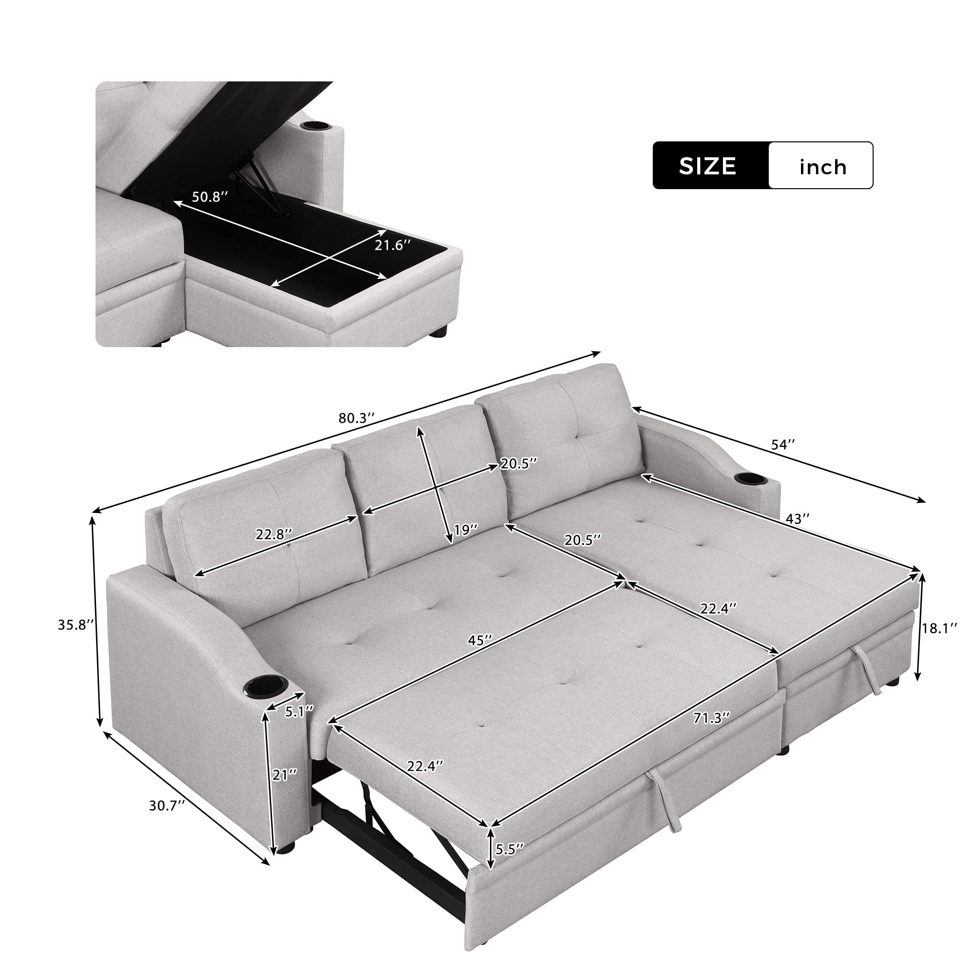 Merax 81inch Reversible Sleeper Sectional Sofa with Storage and 2 Cup Holder -Contemporary Corner Sectional with Pull-Out Sleeper and Chaise,3 Seat Sectional Sofa with Storage