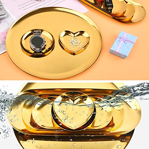 JKanruh 4 Pack Gold Stainless Steel Towel Tray,Storage Tray,Tea Tray Fruit Trays,Decorative Tray,Jewelry Dish Cosmetics Organizer(Oval,Heart-Shaped,Round)