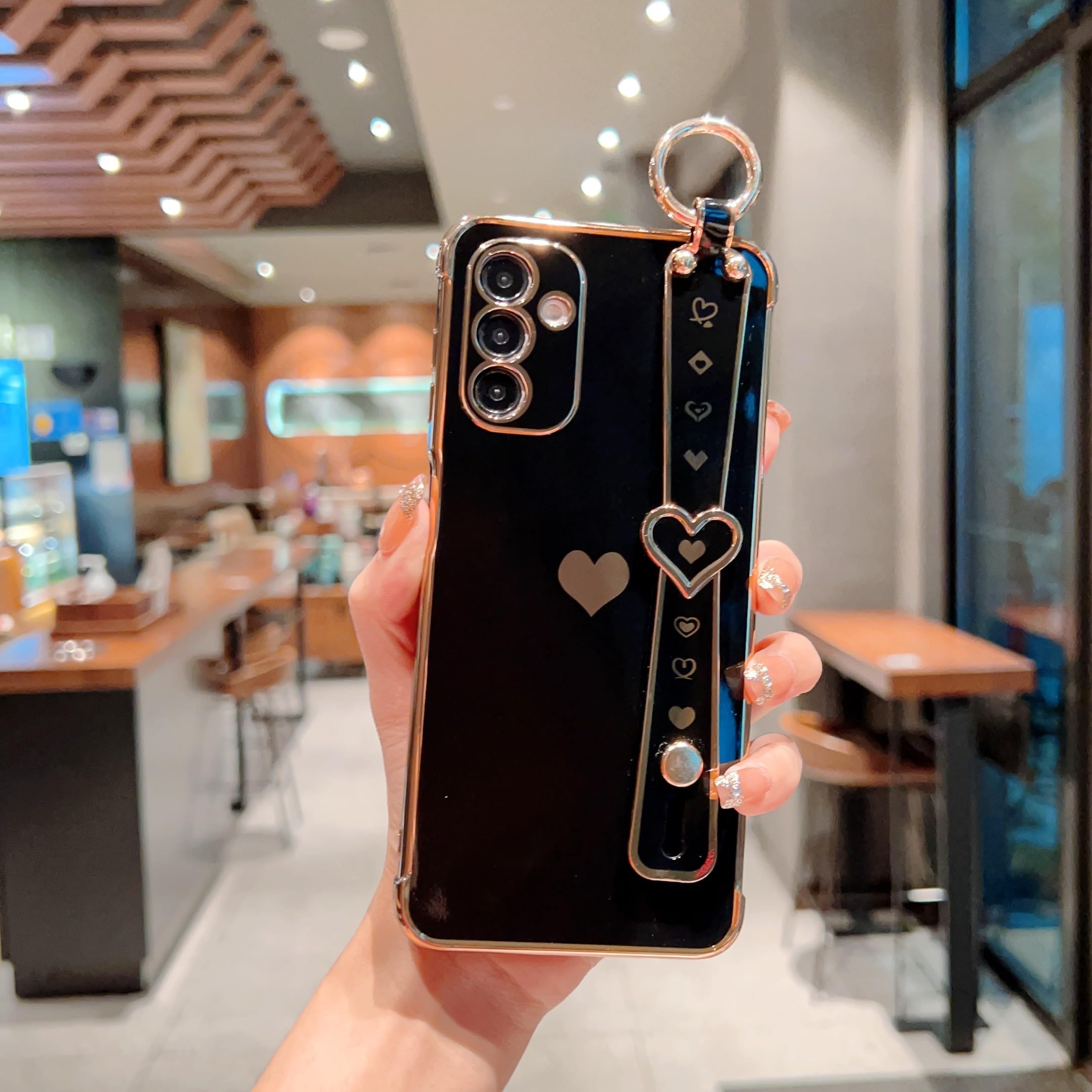 DEFBSC Compatible with Samsung Galaxy A14 5G Case, Electroplated Edge Love Heart Case with Wrist Strap, Full Camera Protection Raised Reinforced Corners Shockproof Soft TPU Cover, Black