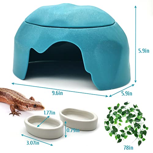 Hamiledyi Reptile Hide Box Leopard Gecko Hideout Cave with Sink Humidifier Lizards Hideaway Hut Flexible Leaves Pet Habitat Decor for Snakes Leopard Spiders Turtles Amphibians