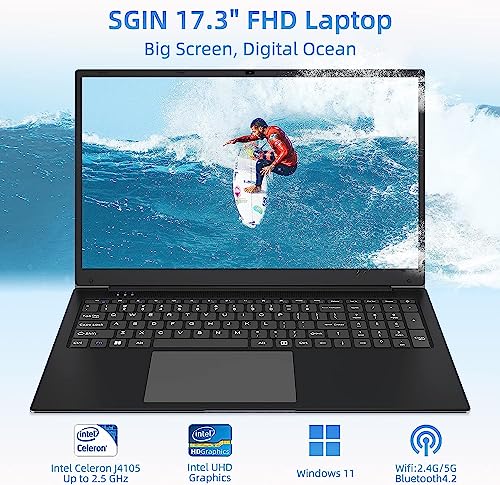 SGIN Laptop Computer, 17 Inch 1920 * 1080 IPS Display,4GB RAM 128GB ROM, Windows 11 Laptops with Intel Celeron Quad Core Processor, Mini HDMI, Webcam, Dual-Brand WiFi, 512GB Expansion