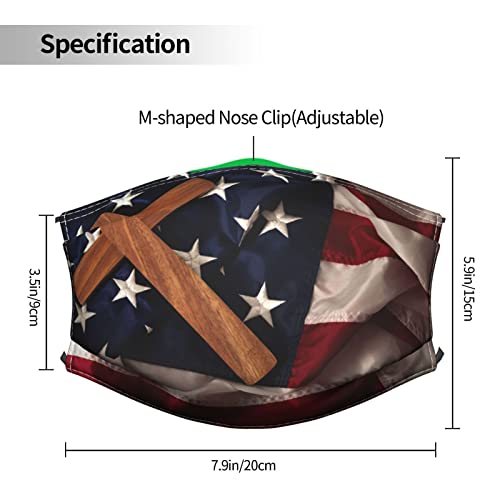 for God and Country Cross American Flag Unisex Cloth Face Masks Reusable Washable Ajustable Masks with Filters Black
