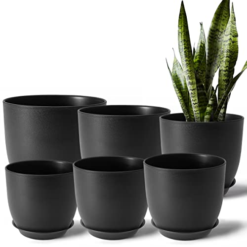 Giraffe Creation Plant Pots 7/6/5.5/5/4.5/4 inch, 6 Pack Flower Pots Outdoor Indoor, Planters with Drainage Hole and Tray, Black