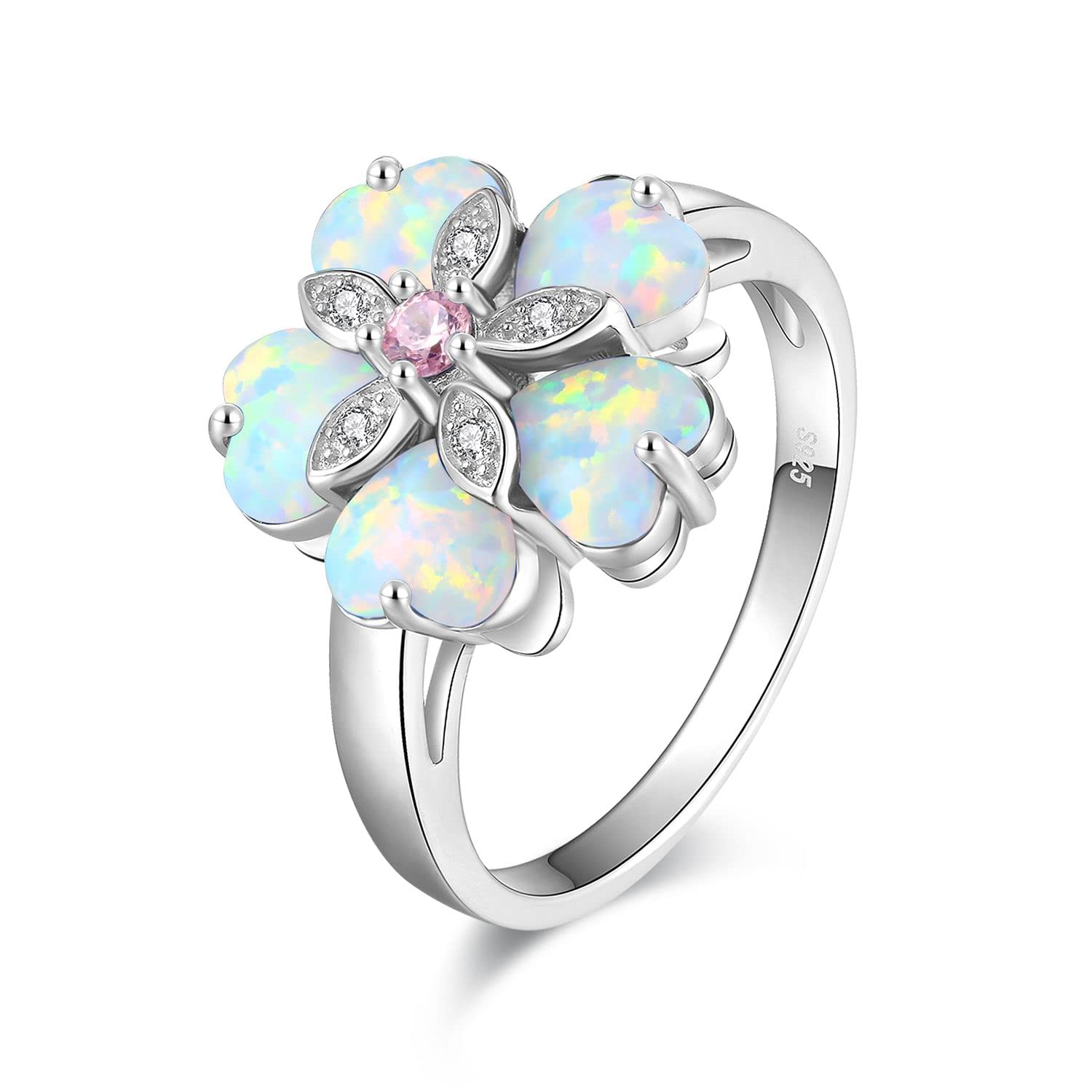 FEELDAN White Gold Plated Sterling Silver Fire Opal Prong Setting Birthstone Rings