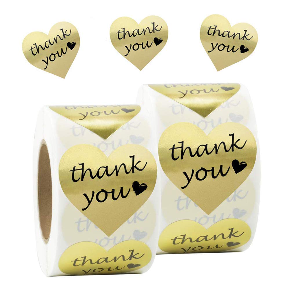 Gold Heart Shape Thank You Stickers, Foil Decorative Sealing Labels, 500 Stickers/Roll, 1.5" Diameter (2 Rolls)