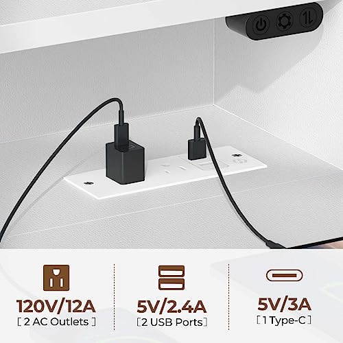 Rolanstar Computer Desk 55" with LED Lights & Power Outlets, Home Office Desk with Monitor Shelf, Gaming Desk, Writing Desk, Study Desk for Student & Kids, White
