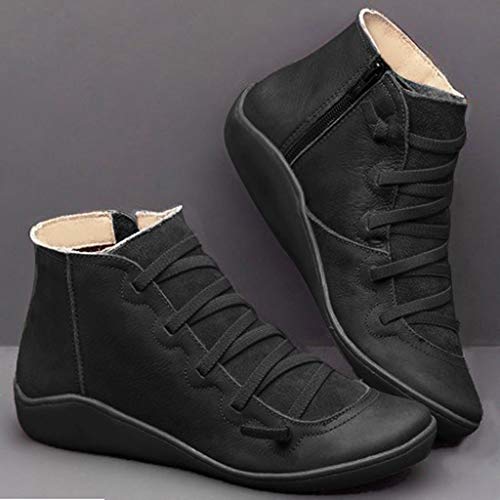 FASDNENDYS Leather Round Casual Lace-up Women's Boots Shoe Side Toe Flat Short Leather Riding Boots for Women Black