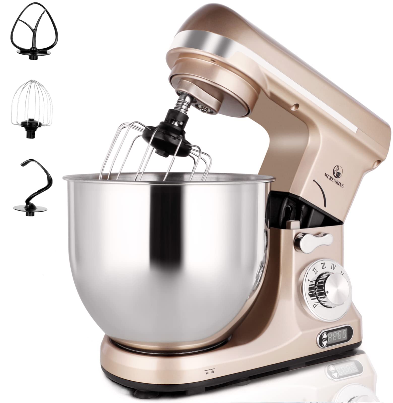 MURENKING Professional Stand Mixer, 6-Qt with Timer, MK37 500W 6-Speed Tilt-Head Food Electric Mixer Kitchen Machine,Plastic (Champagne)