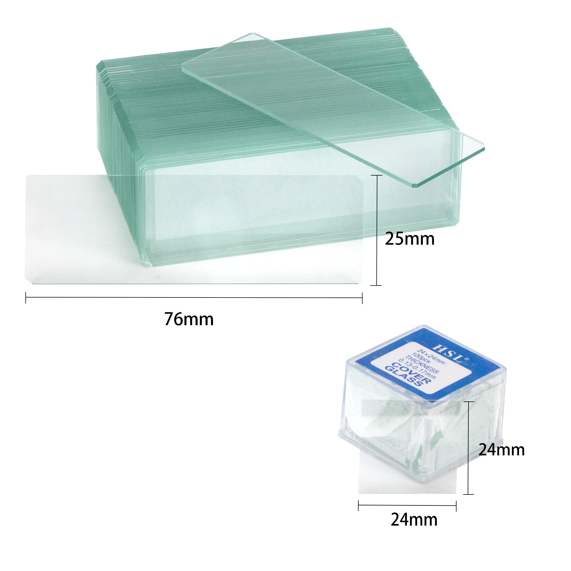 HSL Microscope Glass Slides 50 Pcs Pre-Cleaned Blank Microscope Slides and 100 Pcs 24 * 24mm Square Cover Glass,Ground Edge,Clear Glass