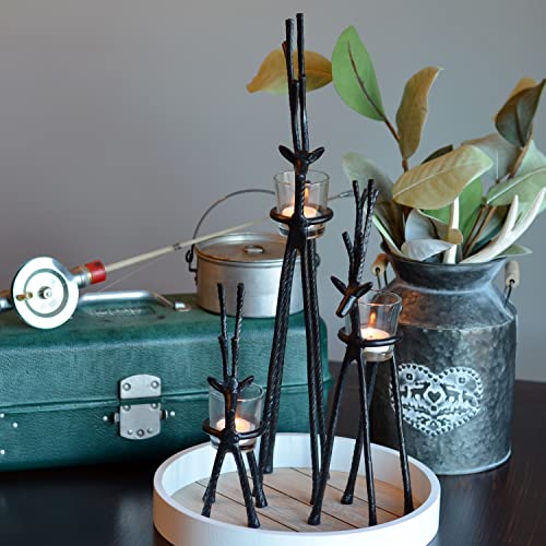 Rustic Reindeer Votive Candle Holders, Set of 3, Handmade, Forged Black Aluminum, Glass Cups, 10.25, 14.25, and 20 Inches