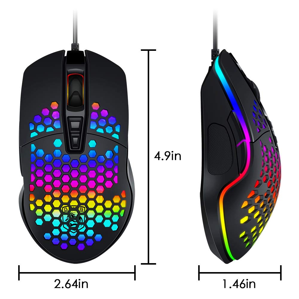 FELICON Wired RGB Gaming Mouse with Rainbow Backlight Lightweight Honeycomb Shell Adjustable 6400 DPI Programming Driver Optical Sensor 78G Mice for PC X-Box PS4 Gamer (Black)