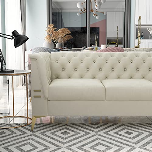 kevinplus Velvet Chesterfield Sofa Couch for Living Room, Modern Tufted 3-Seat Upholstered Sofa Couch for Apartment Bedroom Dorm Office Studio, Gold Metal Legs, Beige