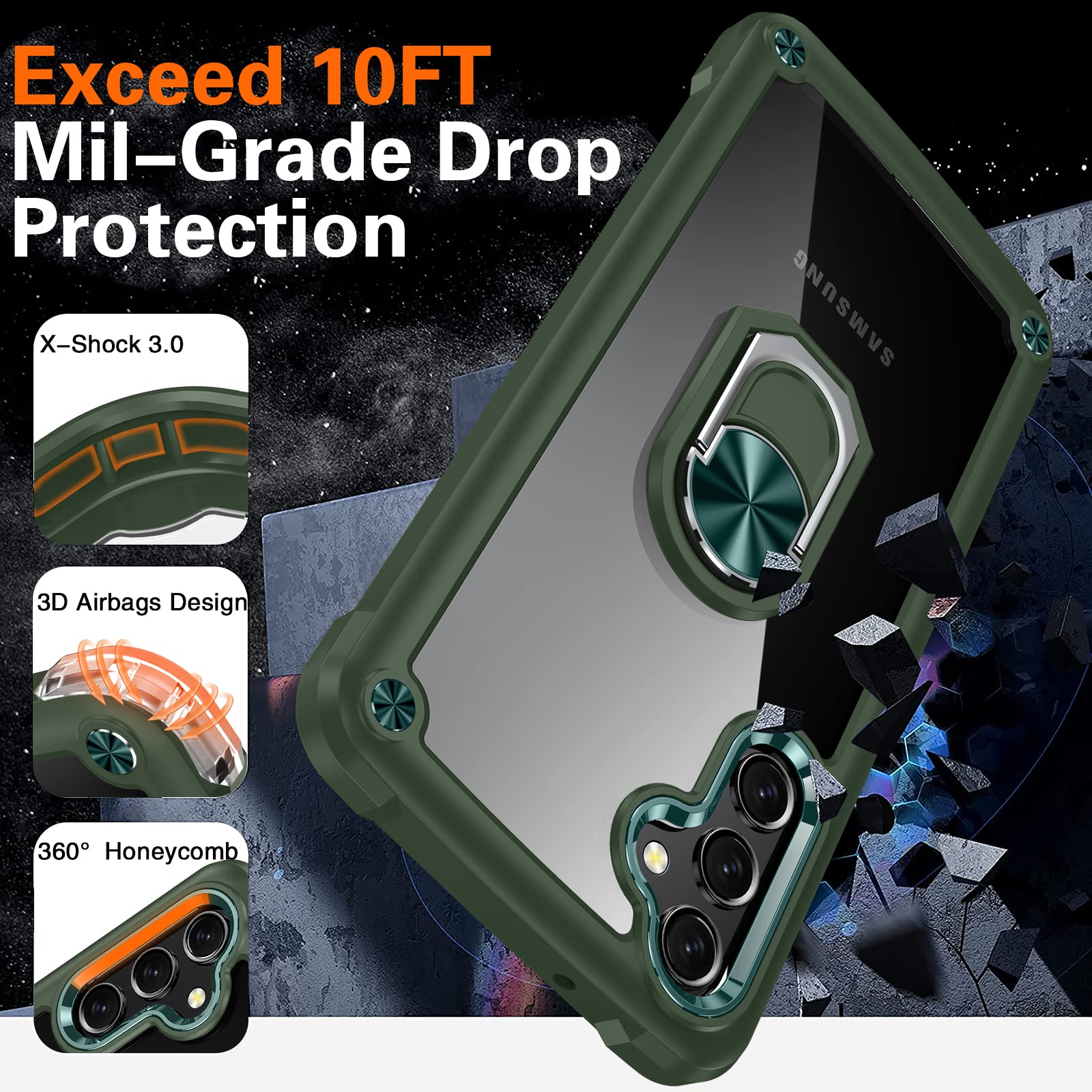 GOLDJU for Samsung Galaxy A14 5G Case, Galaxy A14 Case with [1P Screen Protector]& [1P Camera Lens Protector]& [Metal Kickstand]& [10FT Military Grade Drop Protection] Clear Back 2023(Green)