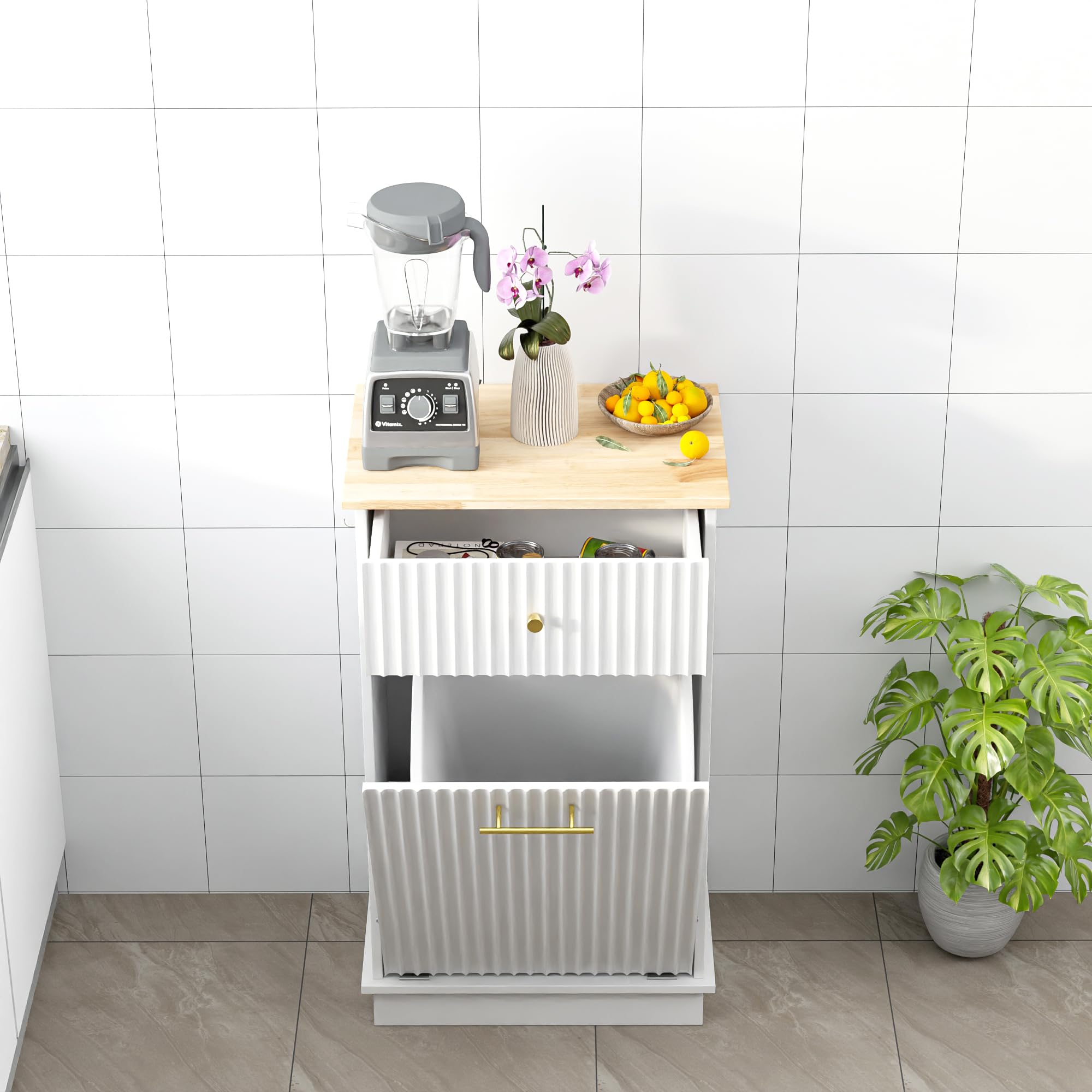 Jluomei Tilt Out Trash Can Cabinet 10 Gallon, Kitchen Hidden Trash Cabinet Garbage Can Cabinet with Drawers Pet Proof Garbage Cabinet Tilt Out Laundry Hamper Cabinet