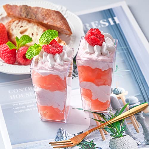 TOFLEN 50 Pack 3 oz Mini Dessert Cups with Spoons, Square Tall Clear Plastic Dessert Shooters Party Serving Tumbler Cups for Parfait Appetizers & Dessert Shot Glasses