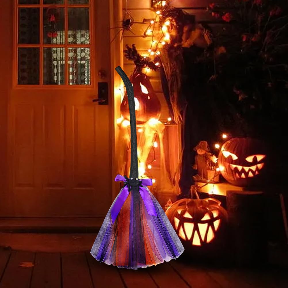 Halloween Witch Broom, 42'' Witch Broomstick Wizard Flying Gauze Broom, Witch Accessories Witch Decor for Cosplay Broom Props Dress up Halloween Party Decorations(A)