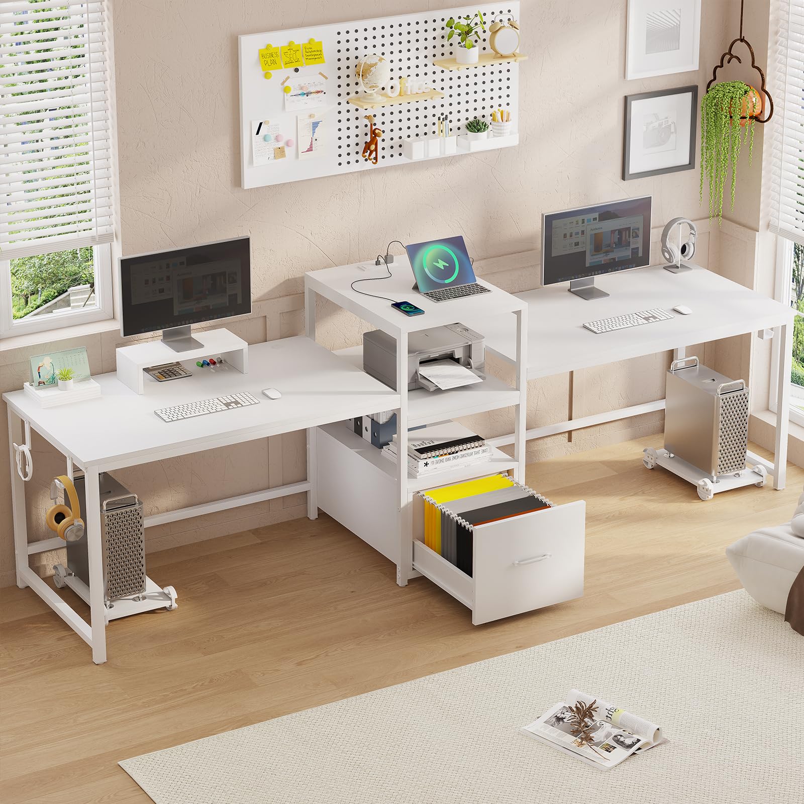 SEDETA 98" Home Office Desk, White Computer Desk with Letter/A4 File Drawer & Power Strip with USB, 2 Person Long Desk with Storage, Printer Shelf & Monitor Stand for Home Office, White