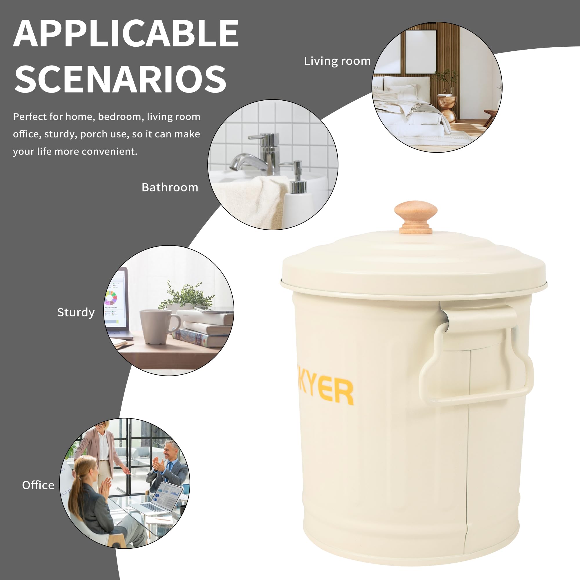 Metal Trash Can with Lid and Handle, Mini Desktop Wastebasket, Trash Tins Garbage Bin, Pencil Holder Pen Cup, Makeup Brush Holder, Mini Metal Flowerpot Bucket Shaped Trash Bin for Home Office(Beige)