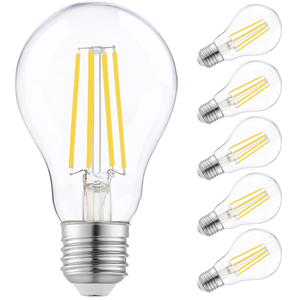 Fabuled Dimmable A19 LED Light Filament Bulbs,E26 Screw Base,Warm White 2700K,8Watts LED Bulbs Equivalent 60Watts, Clear Glasses,800Lumens,Pack of 6