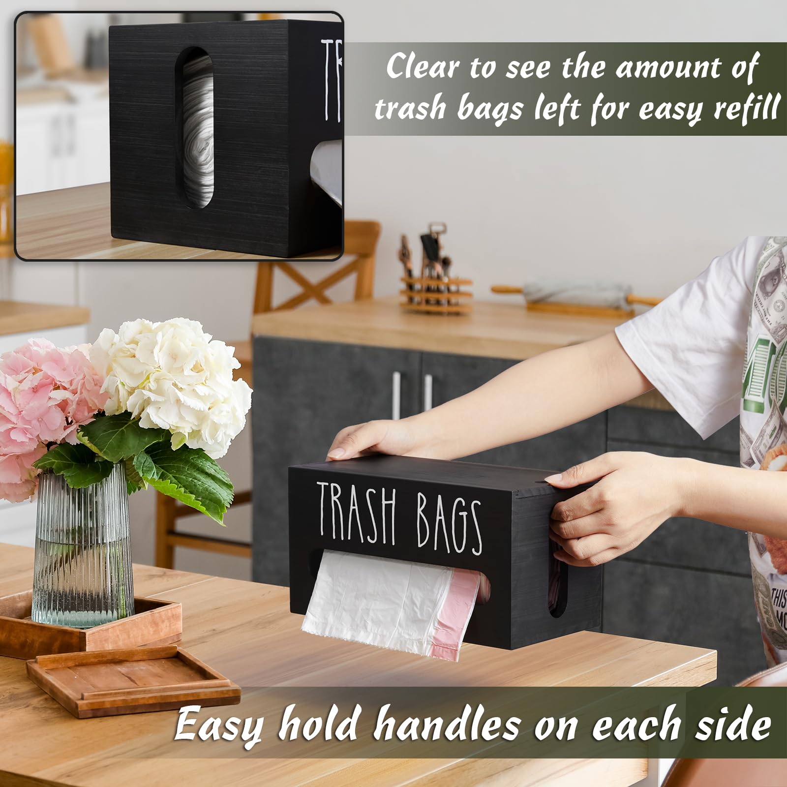 DRASTAR Trash Bag Dispenser, Trash Bag Organizer Wall Mount, Wooden Trash Bag Roll Holder for Plastic Bags Countertop, Under Kitchen Sink Organization