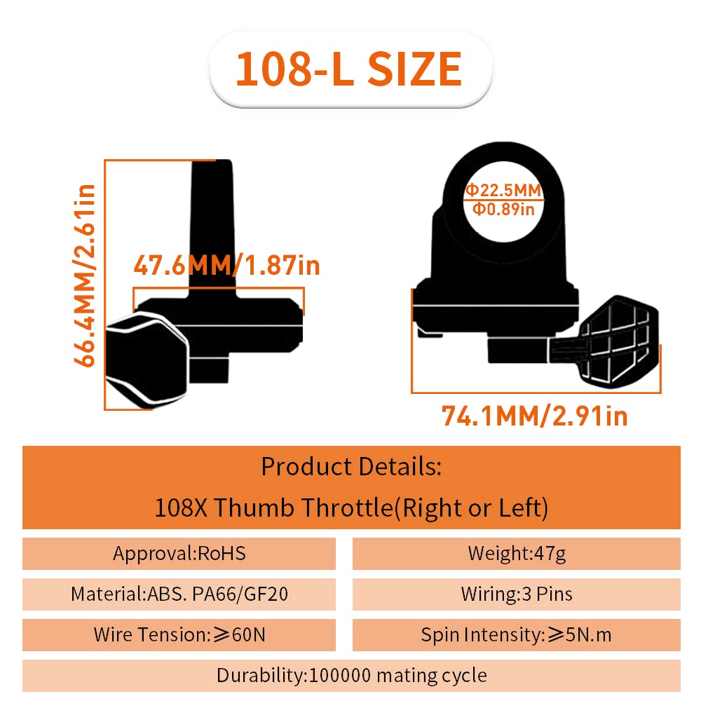 E-Bike Thumb Throttle,108X Left Thumb Throttle Speed Control 3 Pin SM Connector 12V 24V 36V 48V 72V for Electric Scooters and EBike (108X-L SM Plug)